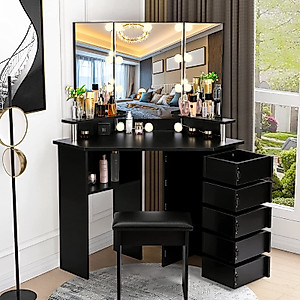 VOWNER Vanity with Lights - Vanity Desk with 3 Color Lighting Options, Brightness Adjustable, Vanity Table with 5 Rotating Drawers, Shelves and Stool, Corner Vanity for Women Girls, Black 43"