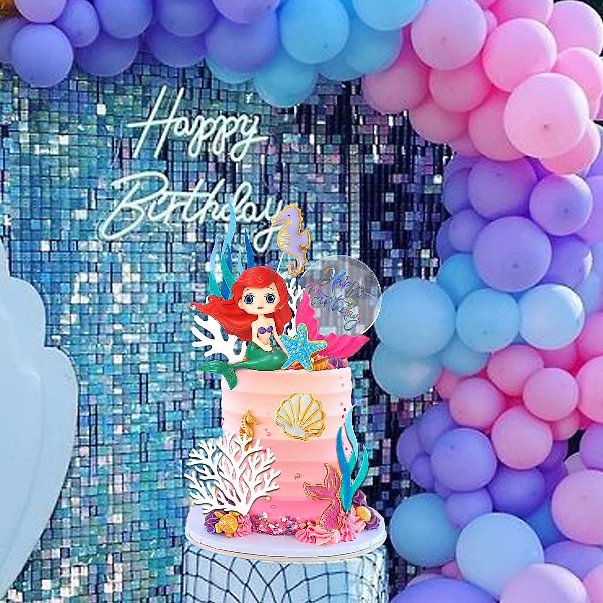 12 PCS Mermaid Cake Topper, Cute Big Eyes Mermaid Doll Cake Topper, Resin 2D Starfish Seaweed Seahorse Shell Felt Seaweed Acrylic Coral for Birthday Party, Baby Shower, Wedding, Mermaid Cake Supplies