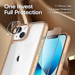TAURI [5 in 1 Defender Designed for iPhone 13 Case, [Not-Yellowing] with 2X Tempered Glass Screen Protector + 2X Camera Lens Protector [Military-Grade Drop Protection] Shockproof 6.1 Inch Rose Gold