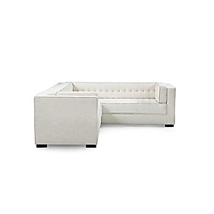 Iconic Home Lorenzo Right Facing Sectional Sofa L Shape Linen-Textured Upholstered Tufted Shelter Arm Design Espresso Finished Wood Legs Modern Transitional, Ecru