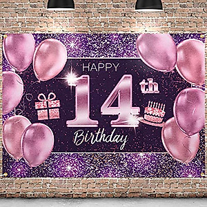 PAKBOOM Happy 14th Birthday Banner Backdrop - 14 Birthday Party Decorations Supplies for Girl - Pink Purple Gold 4 x 6ft