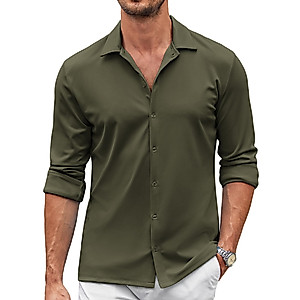 COOFANDY Men Long Sleeve Button Up Shirts Summer Lightweight Slim Fit Dress Shirts Army Green
