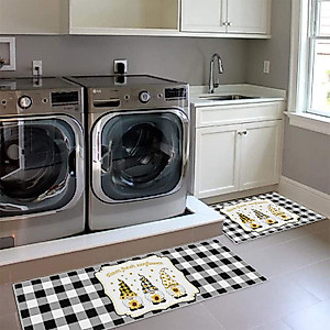 Rural Garden Sunflower Gnomes White Black Buffalo Plaid Kitchen Rug Runner Rug Kitchen Floor Mats Non Slip Area Rug for Living Room Bath Doormat Indoor Carpet Set (16x23.5IN+16x47IN)