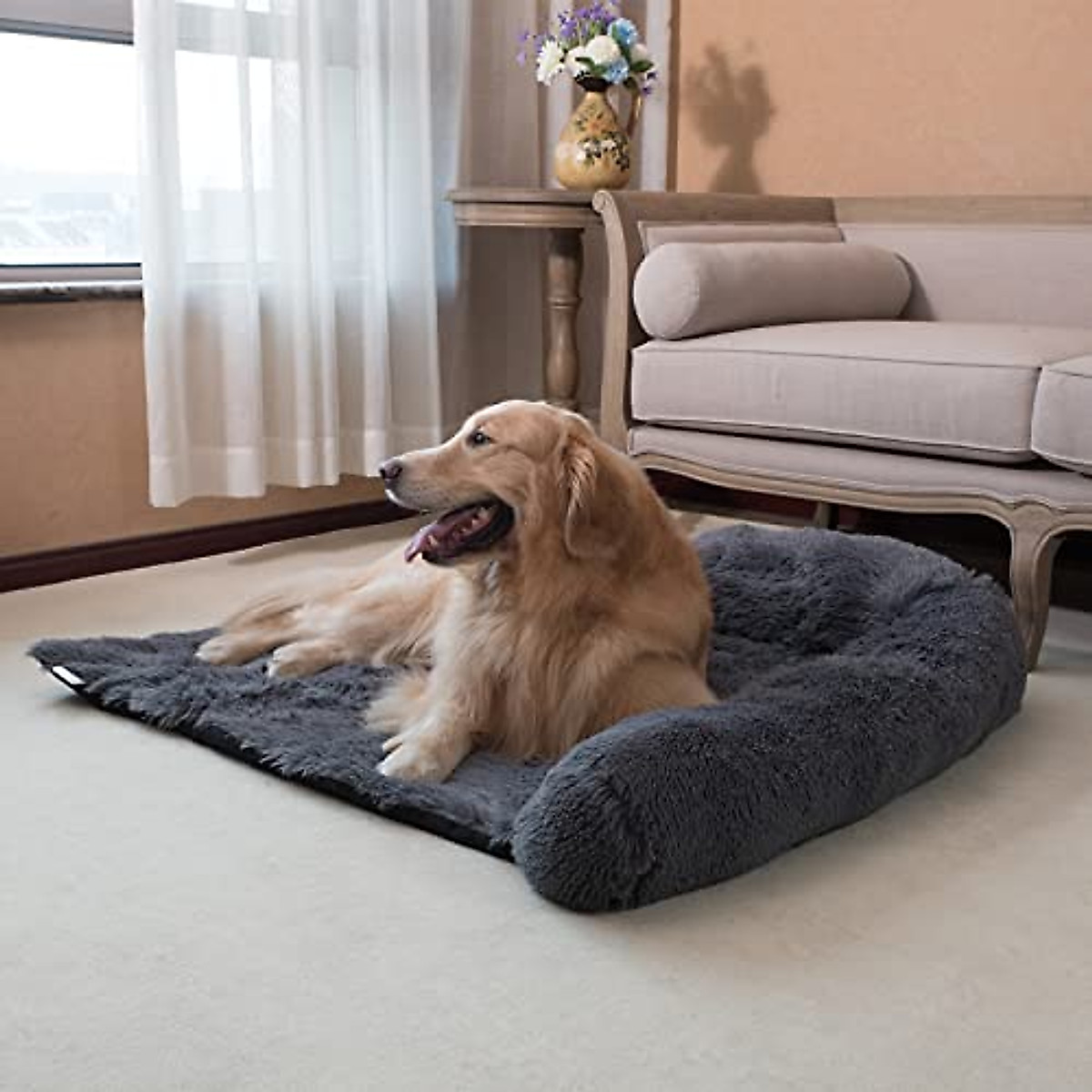 Coohom Calming Dog Bed Pet Couch Protector Dog Cat Bed Mats for Furniture with Removable Washable Cover,Plush Sofa Cover Cushion with Soft Neck Bolster (X-Large 45", Grey)