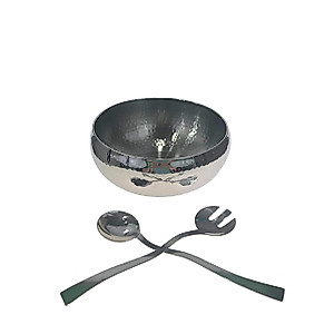 3pc Hammered Salad Bowl with 2 Serving Utensils - Complete With Matching Oversized Spoon and Fork - Use as a Salad Bowl, Fruit Bowl or Even for Pasta - Elegant and Stylish Serving Bowl
