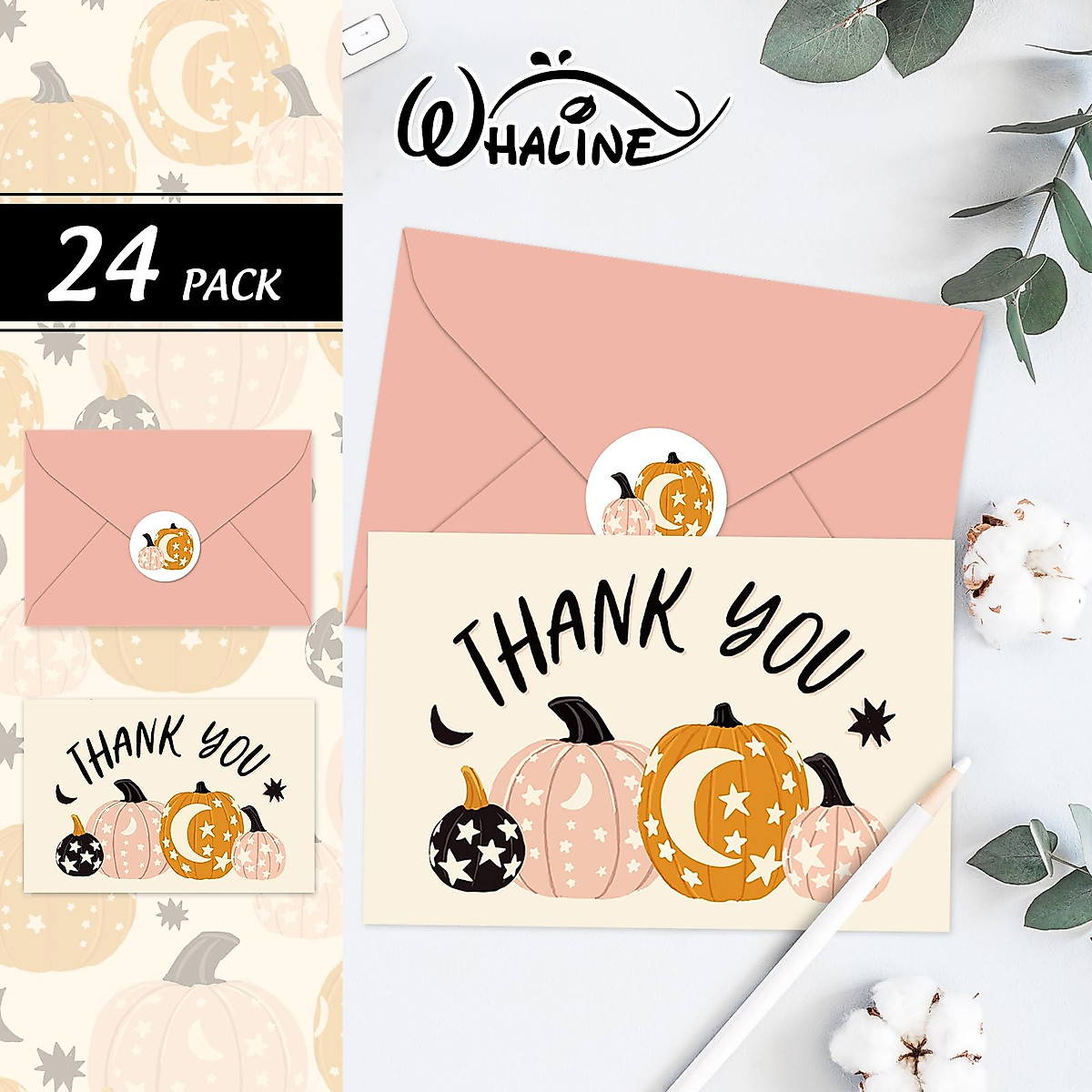 Whaline 24 Pack Fall Thank You Cards Bulk Pink Orange Pumpkin Star Greeting Cards with Envelopes Stickers Blank Note Cards for Autumn Thanksgiving Party, 4 x 6 Inch
