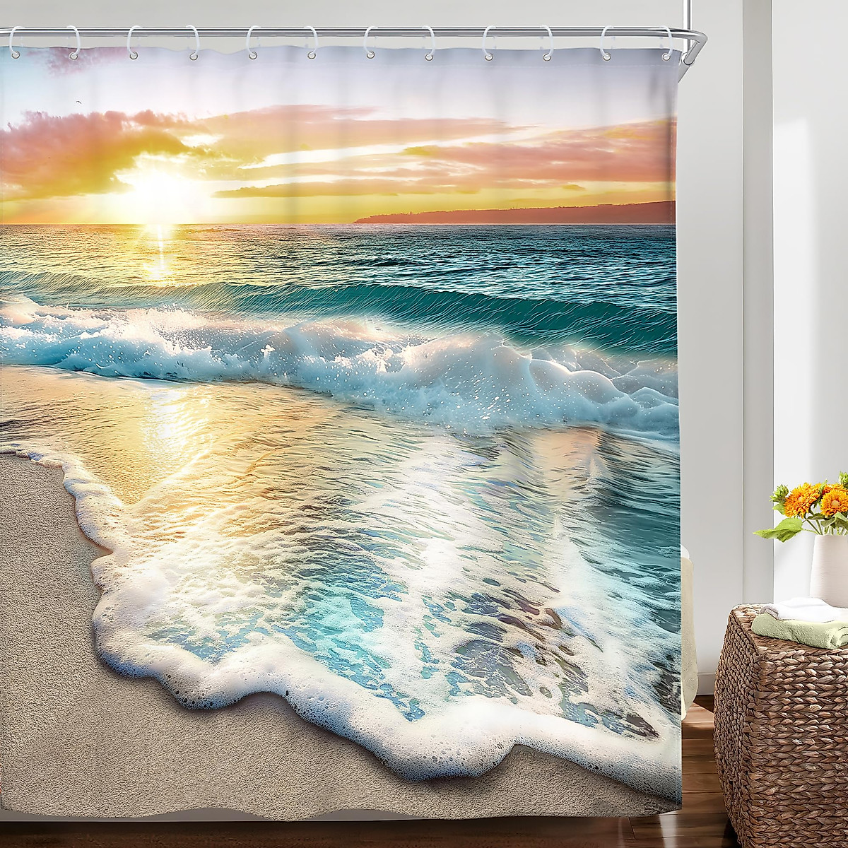 Riyidecor Ocean Coastal Hawaiian Sunrise Shower Curtain 72x84 Inch Sea Wave Summer Beach Seaside Scene Island Blue Fabric Set Waterproof 12 Pack Hooks BB-JWXP