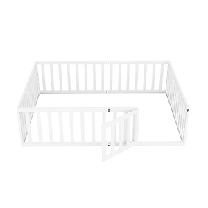 Harper & Bright Designs Queen Floor Bed for Kids, Montessori Bed Frame with Guardrails and Door, Wooden Floor Queen Bed for Kids, Boys Girls(Queen Size, White)