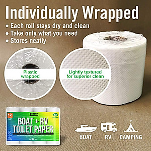 Boat and RV Toilet Paper, Septic Safe Quick Dissolving Tissue, 12 Single Rolls, Biodegradable 2-Ply for Marine, Travel, and Camper Systems, Camping Tank-Safe Bulk Pack
