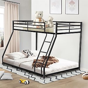 Twin Over Full Size Bunk Bed, Heavy Duty Metal Bunk Bed Frame with Inclined Ladder, Low Floor Bunk Bed for Teens Adults Dorm Bedroom Guest Room, Space Saving & Noise Free, No Box Spring Needed, Black