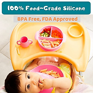 Silikong Divided Suction Bowl for Toddlers | BPA Free | Microwave, Dishwasher and Oven Safe | Fits Most Highchair Trays | Stay Put Baby Feeding Plates and Dishes for Kids and Infants (Pink)