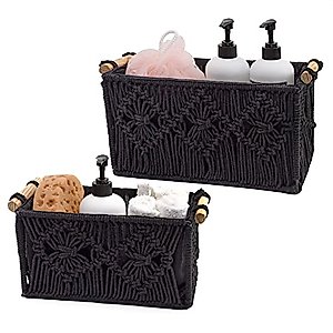 AuldHome Boho Farmhouse Macrame Baskets (Set of 2, Black); Decorative Storage Bins for Home and Office