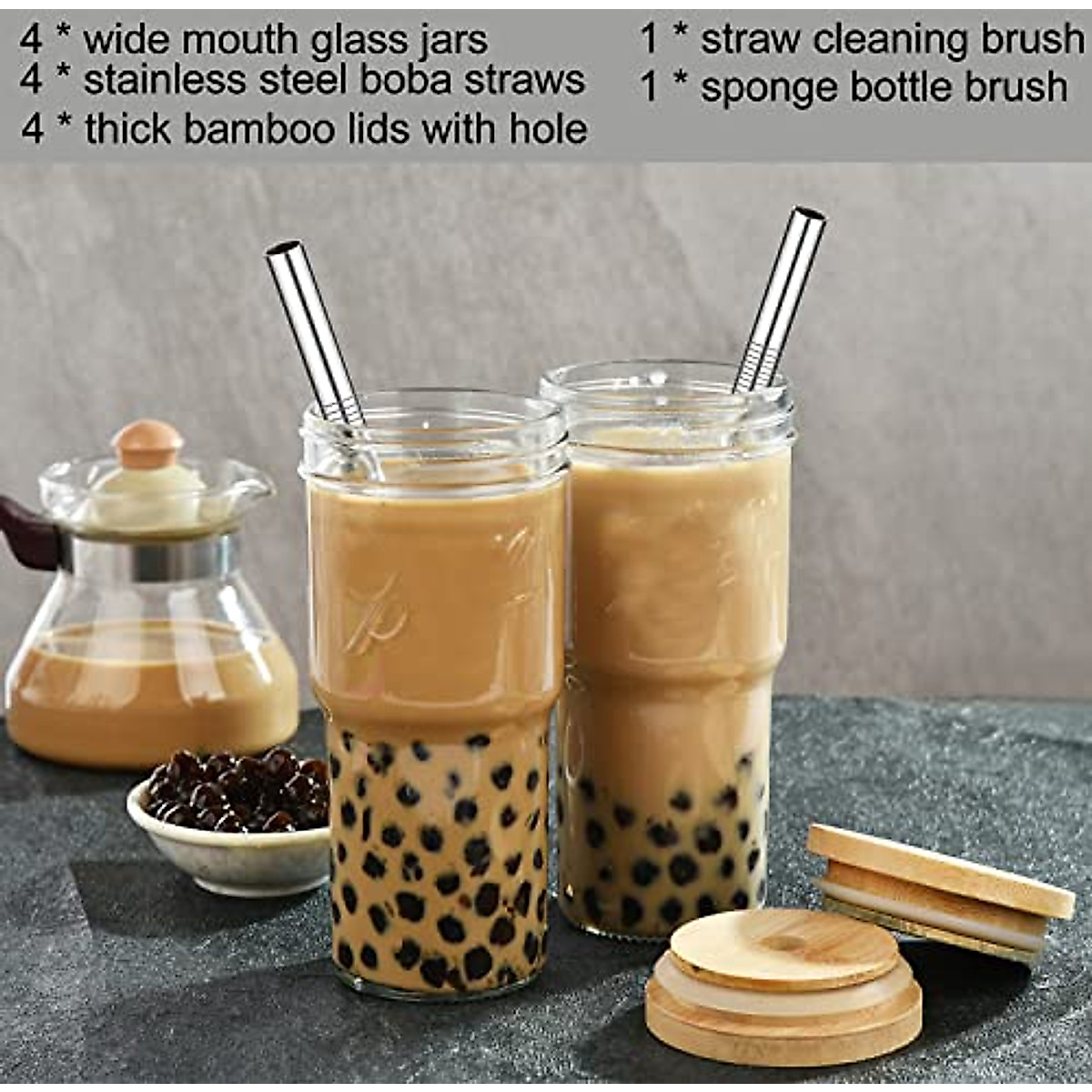 ALINK 4-Pack Glass Cups with Bamboo Lids and Straws, 24 OZ Mason Jar Glass Tumbler, Reusable Boba Cups, Iced Coffee Drinking Glasses for Bubble Tea, Smoothies, Juice - 2 Cleaning Brush