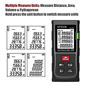 Laser Measure 197ft/60M Laser Distance Meters M/in/Ft Digital Laser Measurement Tool with Bubble Backlight LCD, Mute Mode Pythagorean Mode, Measuring Distance/Area/Volume for Project/Construction