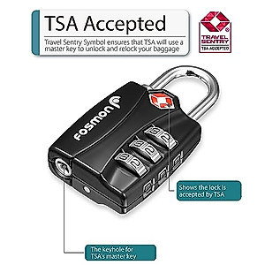 Fosmon TSA Accepted Luggage Locks, (4 Pack) Open Alert Indicator 3 Digit Combination Padlock Codes with Alloy Body for Travel Bag, Suit Case, Lockers, Gym, Bike Locks - Black, Blue, Pink, and Silver