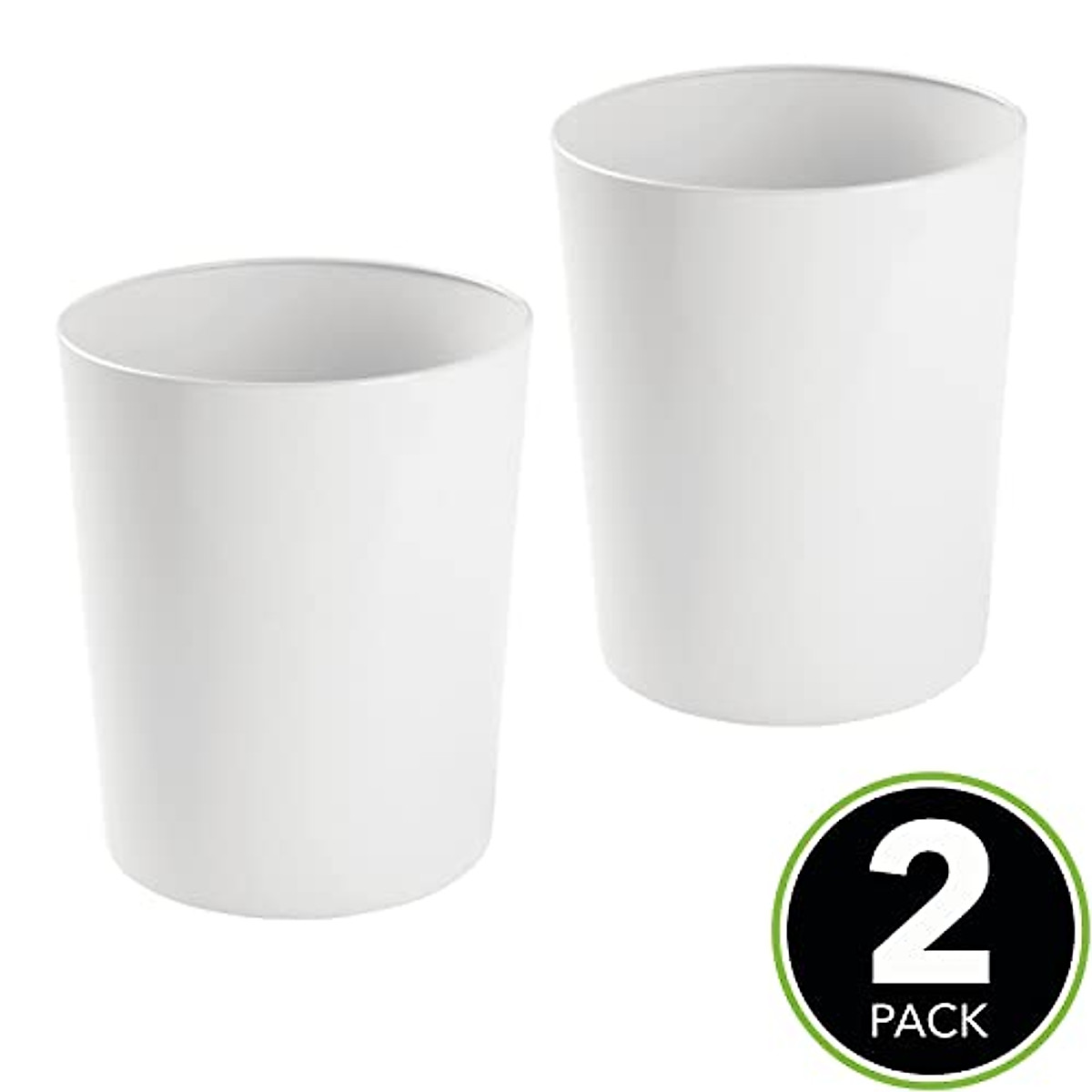 mDesign Round Metal Small 1.7 Gallon Recycle Trash Can Wastebasket, Garbage Container Bin for Bathrooms, Kitchen, Bedroom, Home Office - Durable Stainless Steel - Mirri Collection - 2 Pack - White