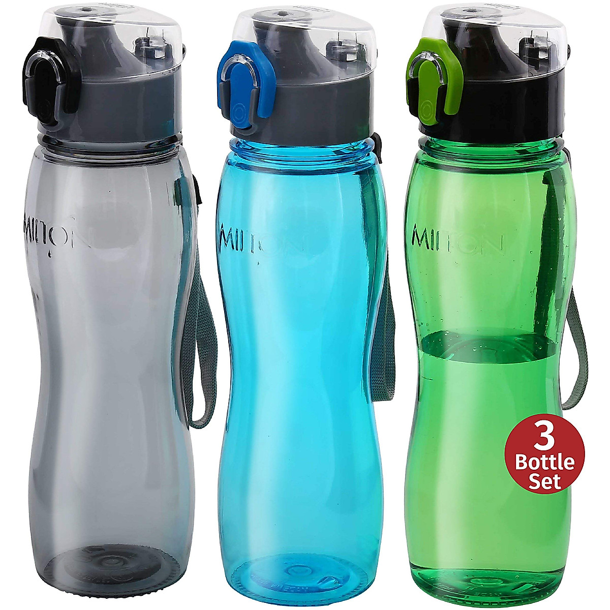 MILTON Kids Water Bottle 3 Pack Triton 25 Oz Large Sports Water Bottle for Men, Women, Kid Wide Mouth Water Bottle with Strap Carry Handle for Bike Gym Running Cycling Multi Color