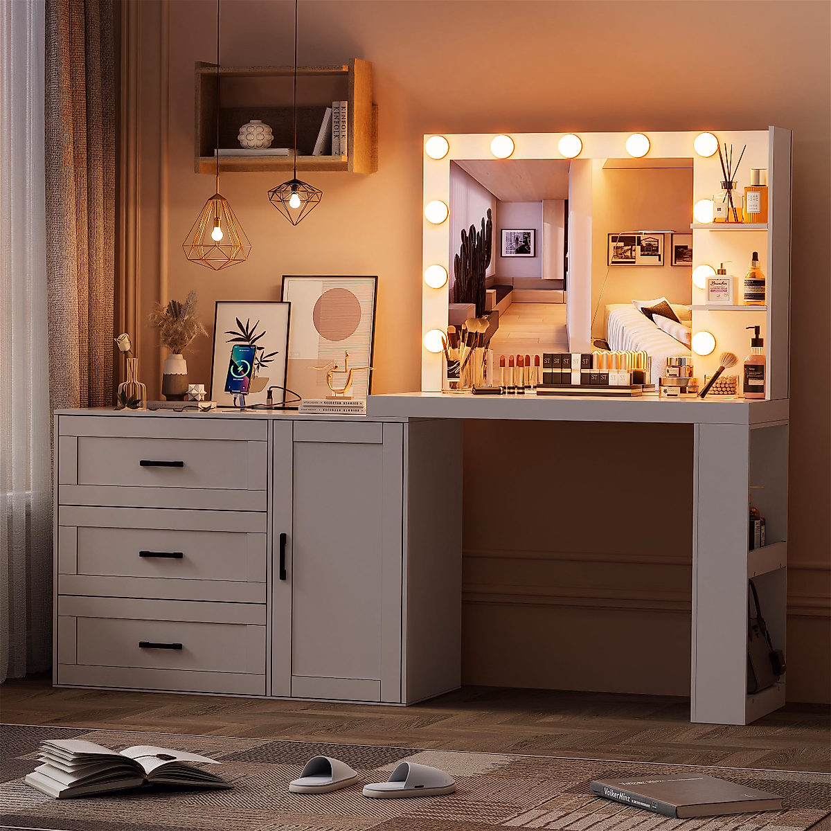 PAKASEPT Vanity Desk with Mirror and Lights, Makeup Vanities with Charging Station, White Vanity with 3 Color Lighting, Drawers, Hidden and Open Shelves, Girls Dressing Table for Bedroom