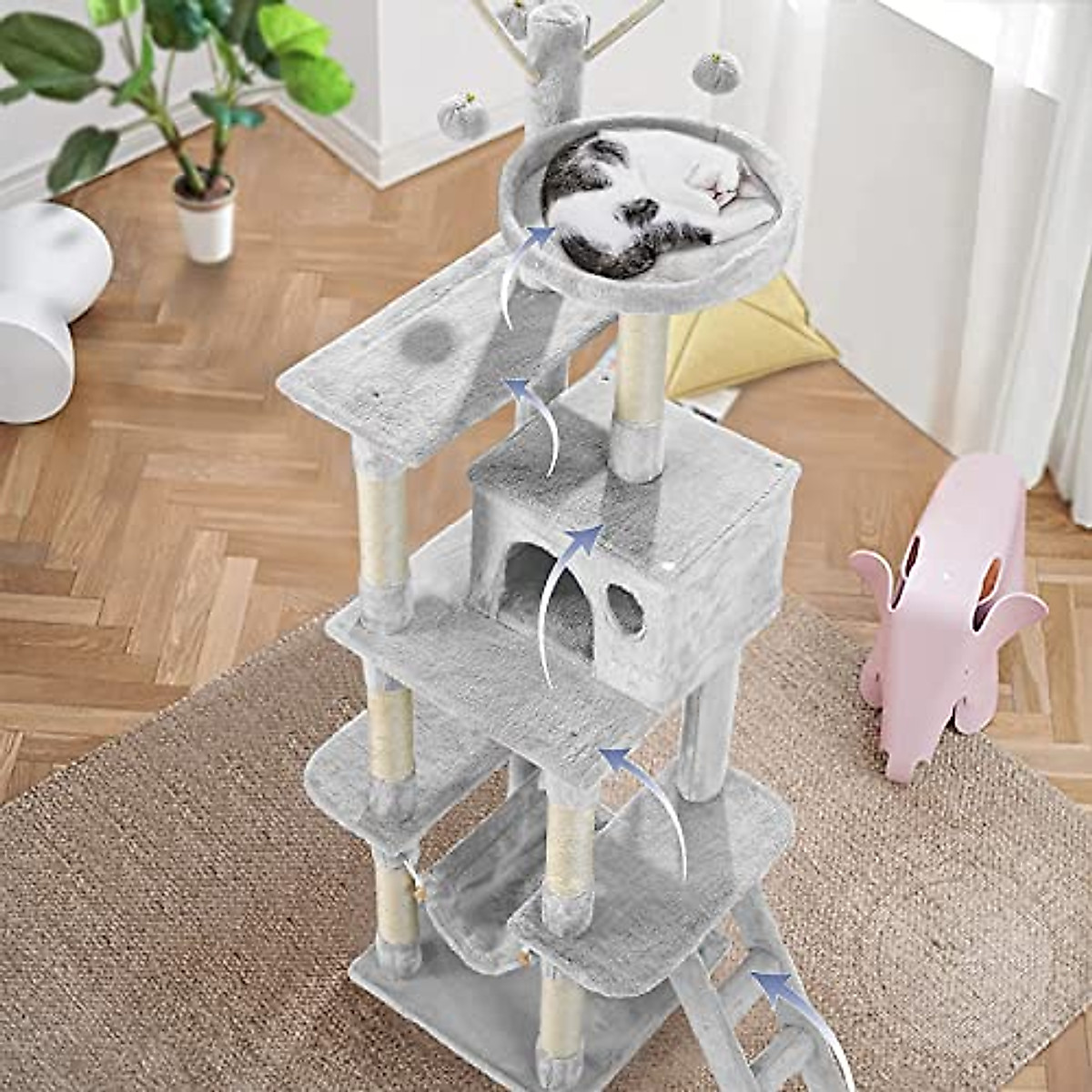 JOYO Cat Tree for Indoor Cats, 65.5 Inches Multi-Level Cat Tower Cat Tree with Hammock, Scratching Posts, Top Perch, Ladder, Cat Activity Tree Cat Condo with Toys, Cat Climbing Tower for Kitten Play