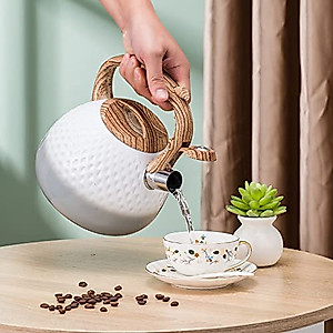 Tea Kettle, Stovetop Teapot, 2.7 Quart, Loud Whistle, Food Grade Stainless Steel and Smooth Wood Pattern Handle, Sophisticated Look for Hiking, Picnic, for Tea, Coffee, Milk (White)