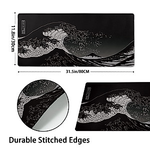 Japanese Sea Wave Large Mouse Pad Extended The Great Wave Gaming Mouse Pad Kanagawa Mousepad with Stitched Edges Keyboard Mouse Mat 3mm for Home Office 31.5 x 11.8 Inch, Black