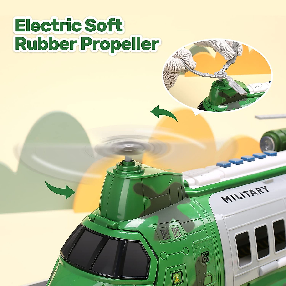 CUTE STONE 2-in-1 Amy Helicopter Toys, Boys Military Toy Friction Powered Helicopter w/Electric Rubber Propeller, Realistic Light & Music, Mini Vehicles, Traffic Road Signs, Vehicle Toy Set for Kids