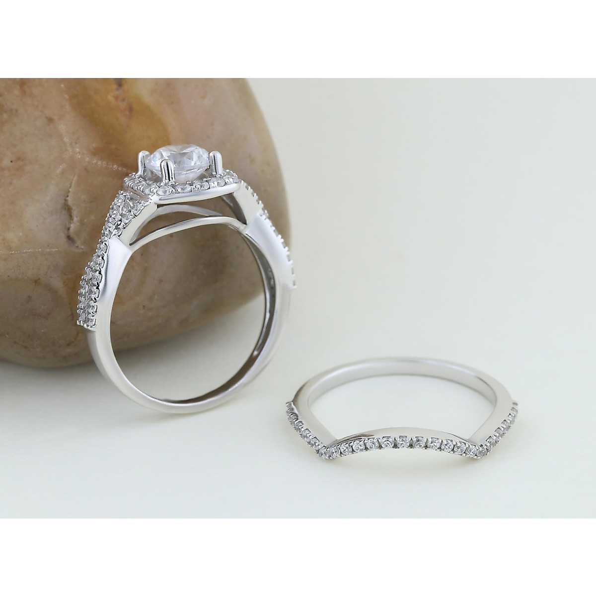 Dazzlingrock Collection Round Cubic Zirconia Cushion Halo with Split Shank Wedding Ring Set for Women (2.55 ctw, Color White, Clarity Clean) in 10K White Gold, Size 8