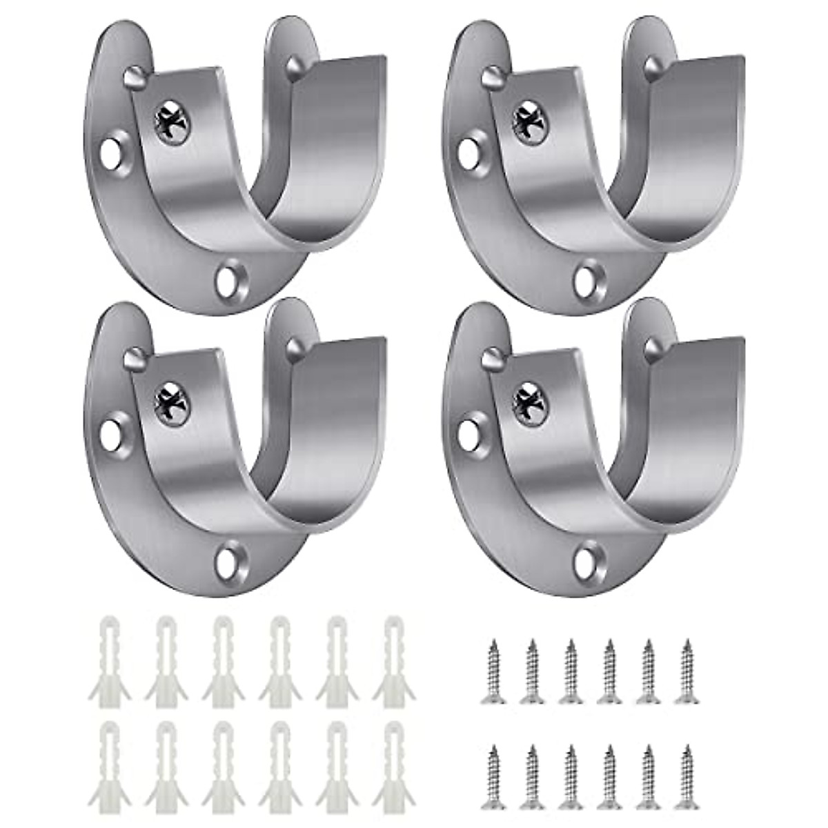 4 Packs Stainless Steel Wardrobe Bracket U-Shaped Rod Socket Flange 1-1/4" Diameter Heavy Duty Closet Rod Brackets End Supports for Closet Rod with Screws (Silver)