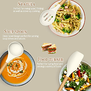 Umite Chef Kitchen Cooking Utensils Set, 33 pcs Non-stick Silicone Cooking Kitchen Utensils Spatula Set with Holder, Wooden Handle Silicone Kitchen Gadgets Utensil Set (Cream White)