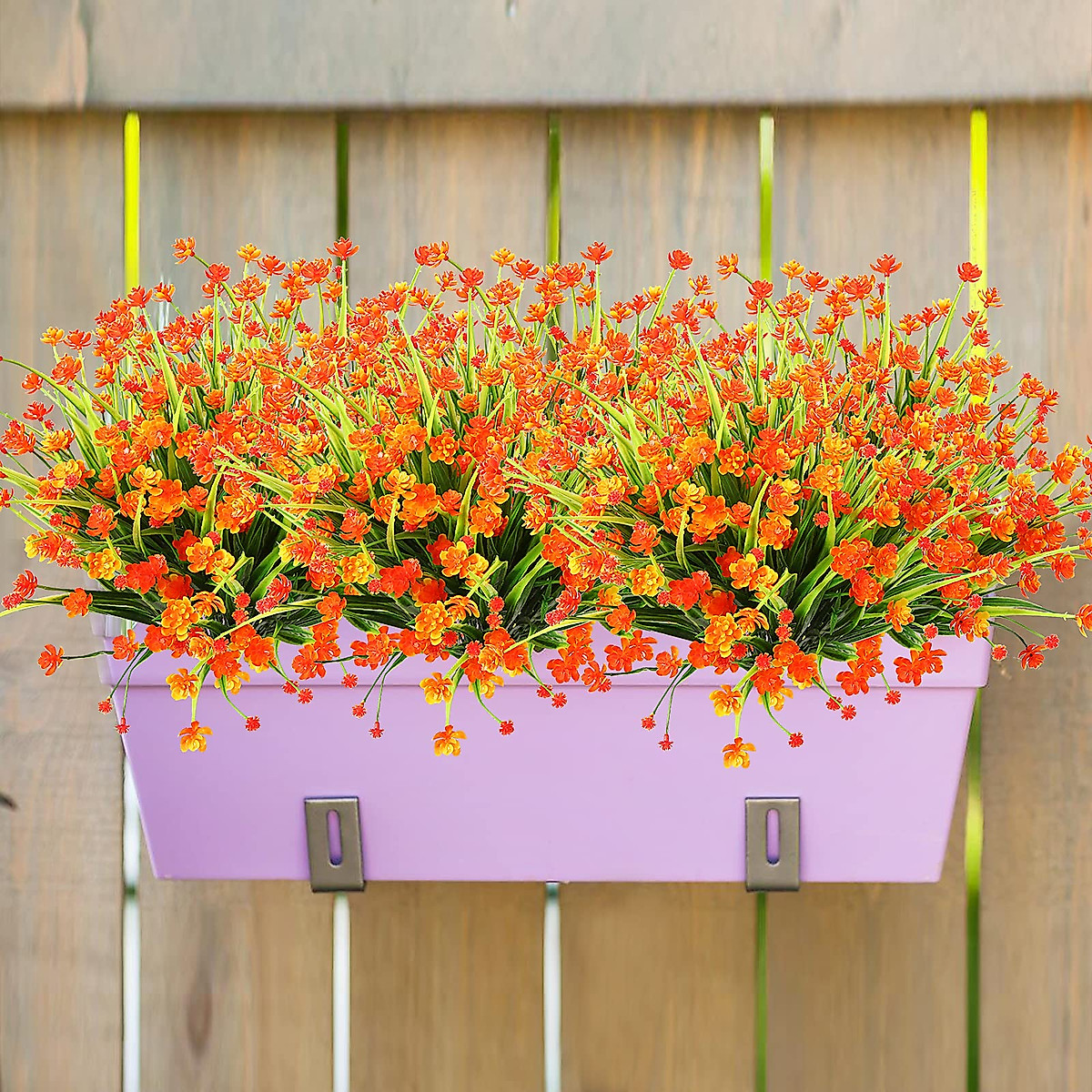 BINDUO 6 Pcs Fake Fall Flowers Artificial Plants Outdoor Daffodil UV Resistant Faux Plastic Flowers Greenery Shrubs Hanging Planter for Home Kitchen Bathroom Garden Patio Balcony Window Decor (Orange)