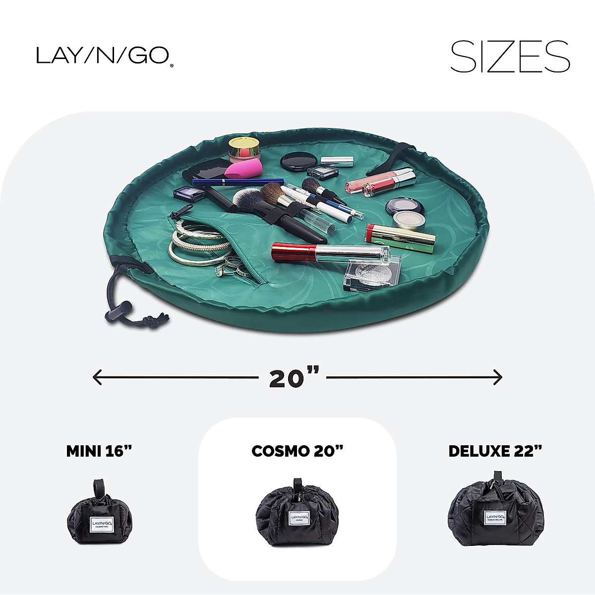 Lay-n-Go Cosmo Drawstring Cosmetic & Makeup Bag Organizer - Portable Drawstring Makeup Bag w/Zipper Pocket, Makeup Loops & More - Durable, Machine Washable Makeup Bag for Travel (20”, Evergreen)