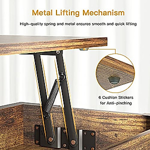 NOBLEWELL Coffee Table Lift Top with Storage Compartment and Separated Open Shelves, Pop Up Coffee Table for Living Room, 39.4in L, Vintage Brown