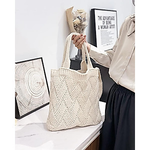 ENBEI Women's tote bag aesthetic Crocheted Bags Shoulder Bag Tote Bag for school Handbag hobo bag Knitted Tote Bag (white)