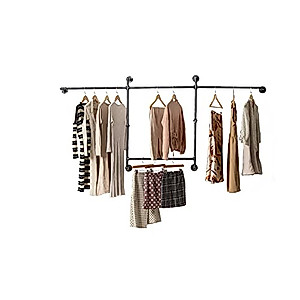 ZYUXUAN Industrial Wall Clothes Rack, Heavy-Duty Clothing Rack, Pipe Style Garment Rack with Four Hanging Rods for Bedroom, Laundry Room, Retail Store, Rustic Black (four hanging rods)