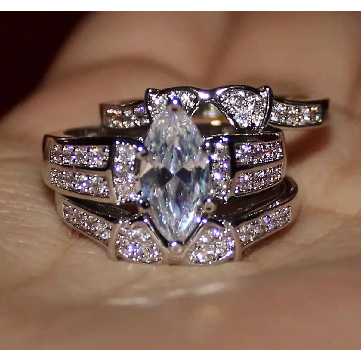 BeBold 5Ct Marquise Cut Simulated Diamond CZ Trio Wedding Set Engagement Ring for Women White Gold Plated