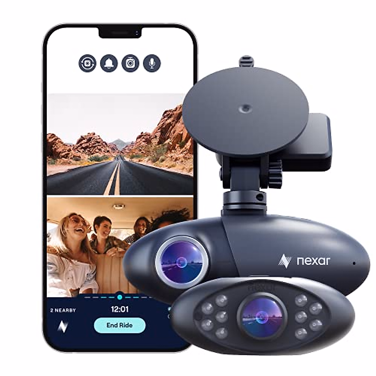 Nexar Pro Dual Dash Cam - HD Front Dash Cam and Interior Car Security Camera - Nexar Dash Cam Front and Cabin - Dual Dash Cam Parking Mode and WiFi - Dash Cams for Cars - Dash Cam for Truckers 64GB