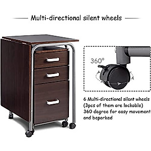 CHEFJOY Folding Computer Study Desk, Home Office Desk with 6 Smooth Wheels & 3 Large Drawers, Mobile Laptop Desk Writing Table for Small Space, Bedroom, Living Room (Brown)