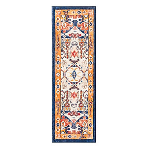 Phantoscope Hallway Runner Rug 2'x6' - Boho Washable Non-Slip Kitchen Rug Runner, Ultra-Thin Vintage Distressed Accent Throw Rug for Entryway Laundry Bathroom Bedroom, Navy/Orange