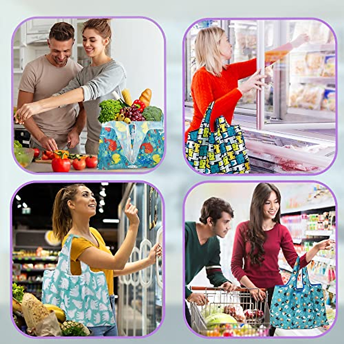 6 Pack Reusable Grocery Shopping Tote Foldable Bags with Pouch, Large Capacity, Durable, Washable, Heavy Duty Lightweight, Eco-Friendly, Waterproof, Geometry Animal Floral Design also for Travel, Gift (Animal Style)