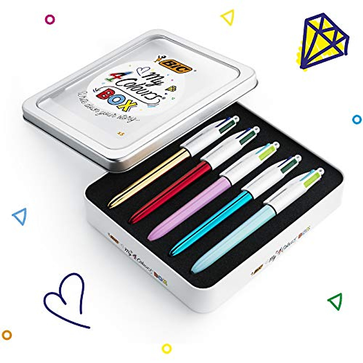 BIC 4 Colours Pens In A Special Metal Tin of 5 Pens, Includes mix of Shine and Bright Barrel Coloured Ink,Black, red, blue, green