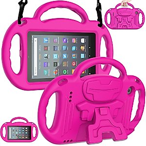 LTROP Fire 7 Tablet Case, Lightweight Handle Stand Shoulder Strap Child-Proof Case for Fire 7-inch Display Tablet (9th Generation & 7th Gen) - Rose