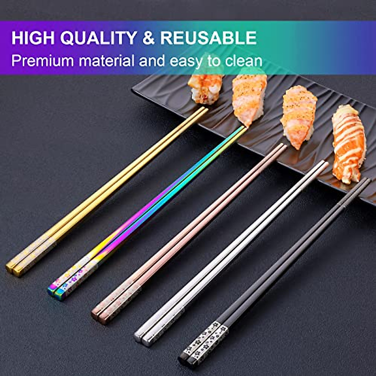 FOFAYU Metal Chopsticks Reusable 5 Pairs Multicolor Stainless Steel Chopsticks Dishwasher Safe Square Lightweight Non-Slip Chop Sticks Gift Set