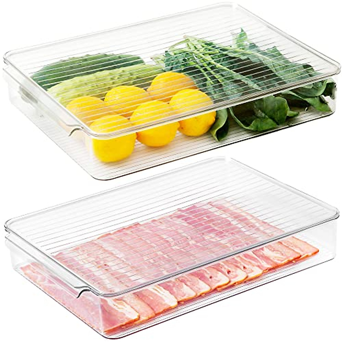 vacane 2 Pack Refrigerator Organizer Bins,Food Storage Container with Lids for Fruit, Vegetables, Bacon Meat Cheese Keeper Marinade Tray, Stackable Freezer Storage Containers