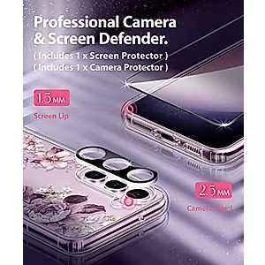 GUOVLIN for Samsung Galaxy S23 Case 6.1", with [Screen Protector+Camera Lens Protector] Flower Shockproof Hard Back&Soft Edge Clear Floral Women Bumper Protective Phone Cover, 2023 (Alluring Purple)