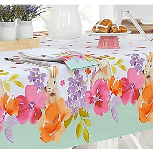 Newbridge Bunny Flower Fields Easter and Spring Fabric Double Bordered Tablecloth - Cute Bunny Rabbit and Vivid Pastel Floral Easy Care, Stain Resistant Fabric Tablecloth, 60” x 84” Oval