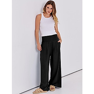 ANRABESS Women Linen Palazzo Pants Summer Boho Wide Leg High Waist Casual Lounge Pant 2024 Beach Travel Vacation Outfits Black Medium