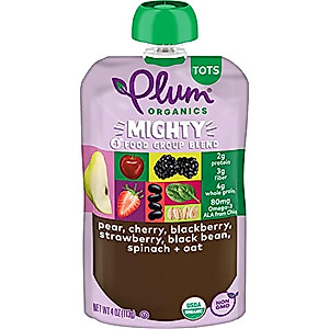 Plum Organics Mighty 4 Organic Toddler Food - Pear, Cherry, Blackberry, Strawberry, Black Bean, Spinach, and Oat - 4 oz Pouch (Pack of 6) - Organic Fruit and Vegetable Toddler Food Pouch