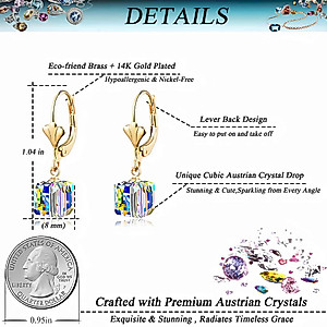Austrian Crystal Cube Drop Earrings for Women Leverback Dangle Earrings 14K Gold Plated Hypoallergenic Jewelry (Aurora Borealis)