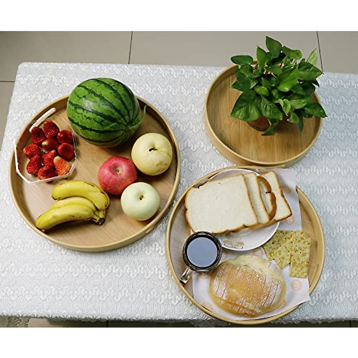 Bamboo Wood Natural Round Serving Tray, Raised Edge, Food Tray, Cut-Out Handles (40*40*5cm)