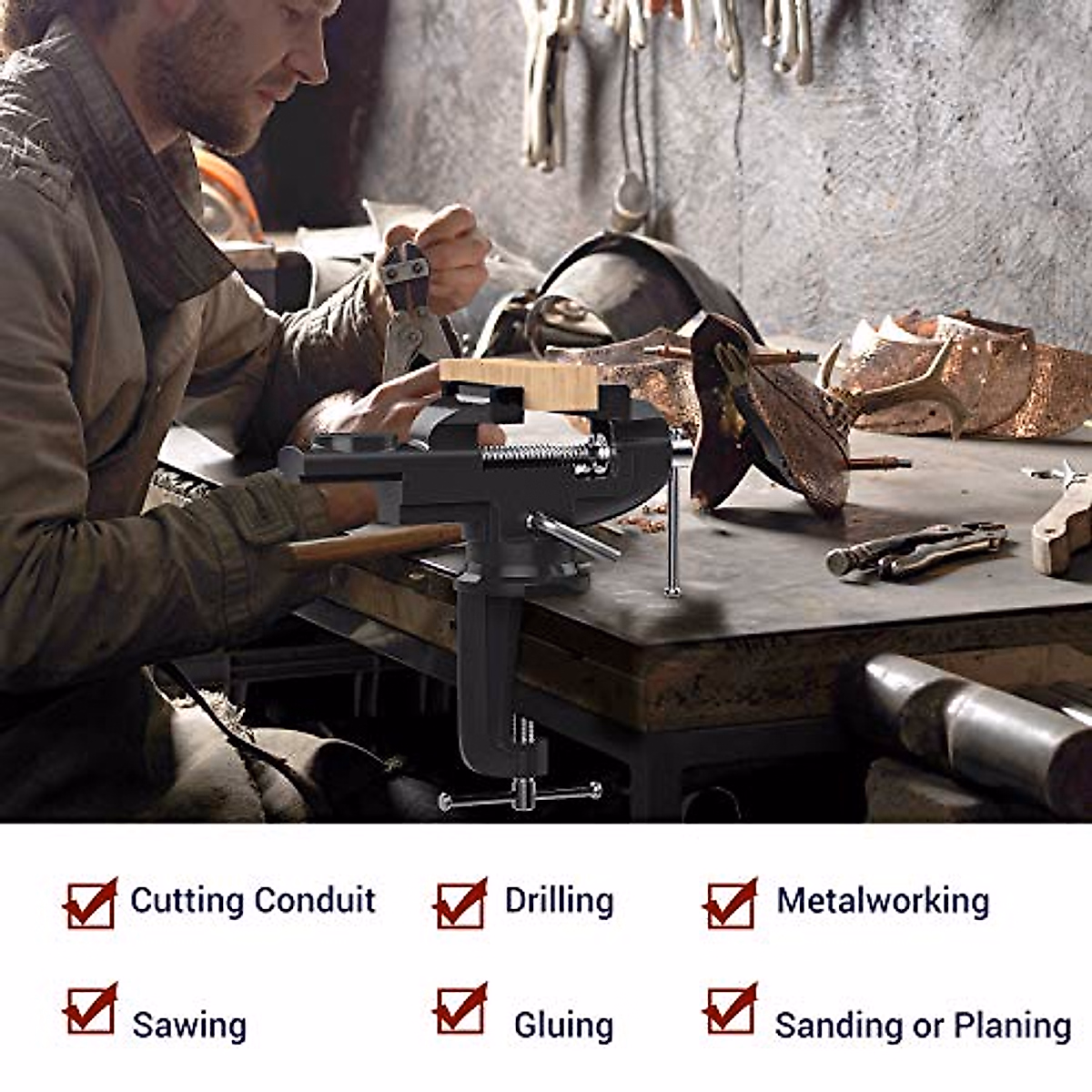 Nuovoware Table Vise 3 Inch, 360° Swivel Base Universal Home Vise Portable Bench Clamp, Clamp-on Vise Bench Clamps Fixed Tool for Woodworking, Metalworking, Cutting Conduit, Drilling, Sawing, Black